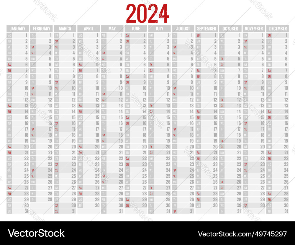 Vertical rainbow 2024 calendar english Royalty Free Vector