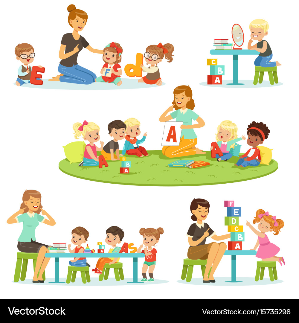 Teacher explaining alphabet to children around her