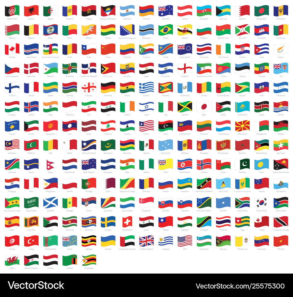 All national world waving flags with names Vector Image