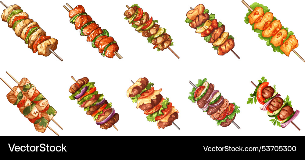 Kebab set meat balls fish chicken vegetables Vector Image