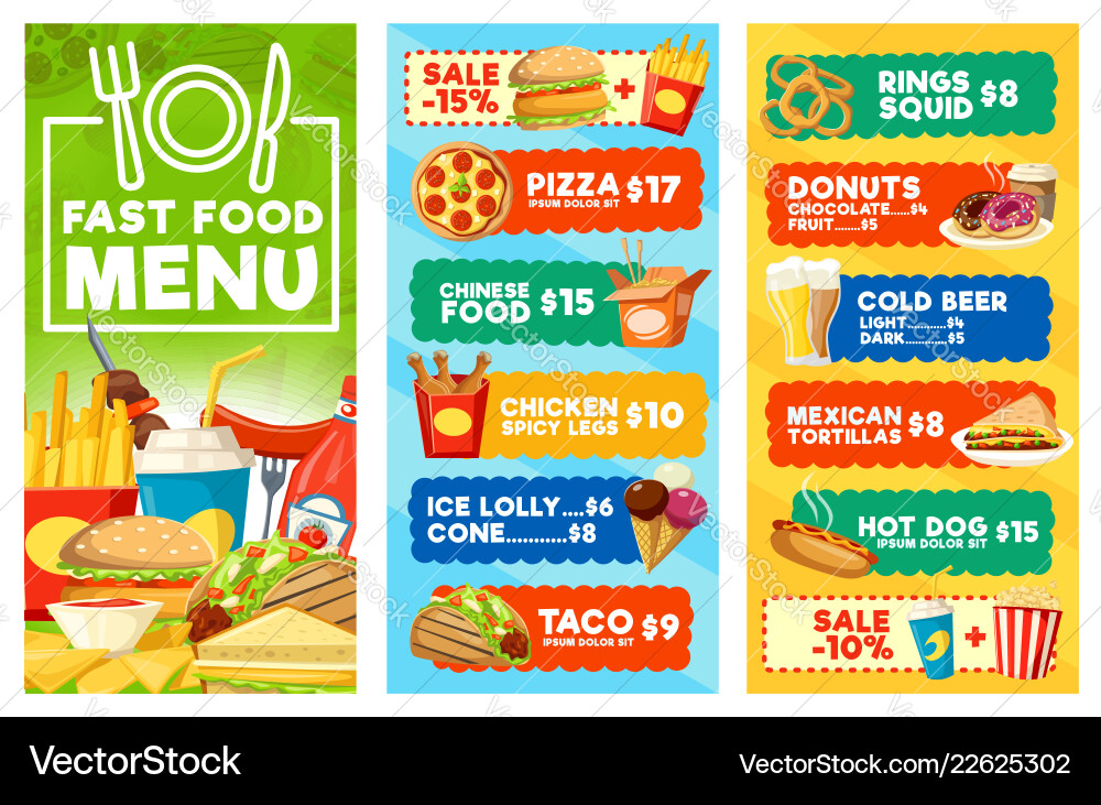 Fast food snacks and drinks menu Royalty Free Vector Image