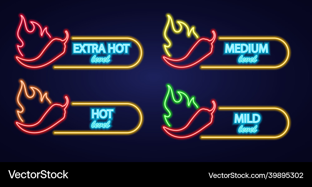 Neon-Ikone setzen Chili mit Feuerschild heiß Vektorbild