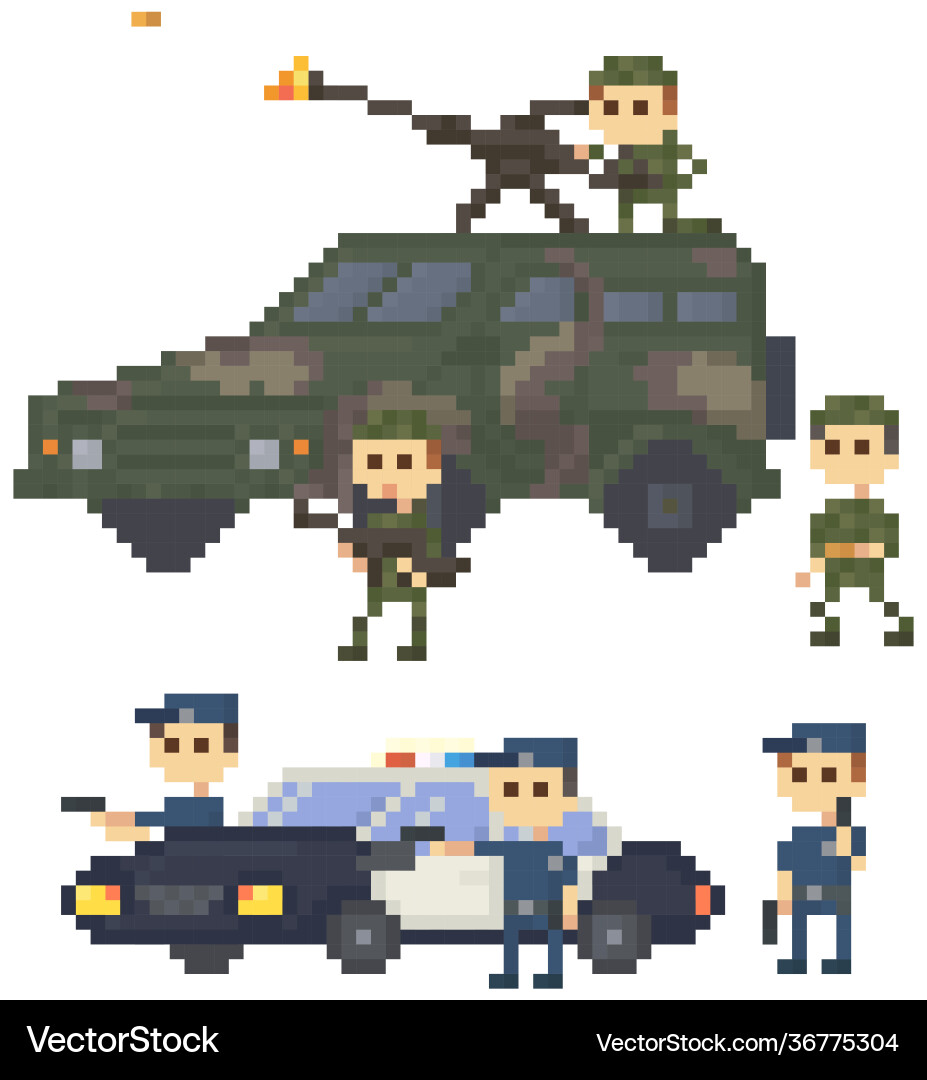 Pixel Soldiers and Police Attack Royalty Free Vector Image