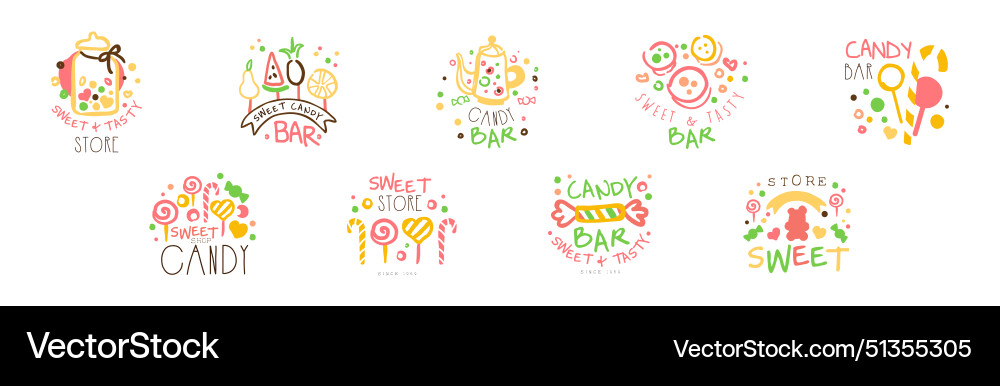 Candy shop logo and label design set Royalty Free Vector