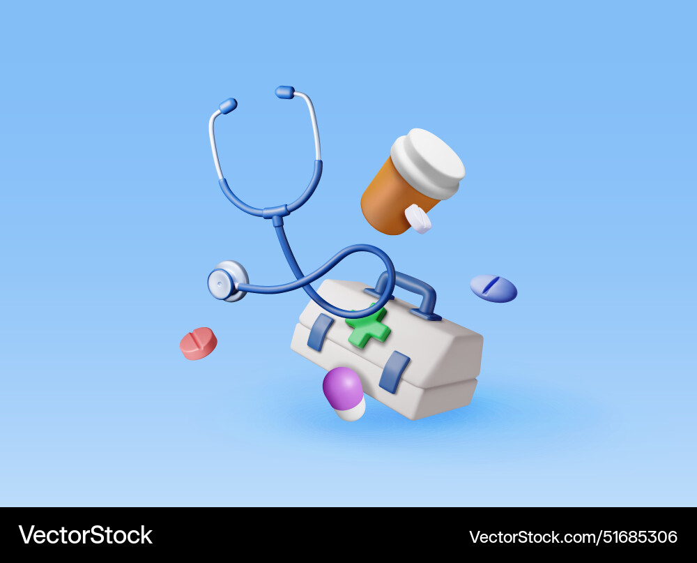 3d first aid kit with stethoscope pill container Vector Image
