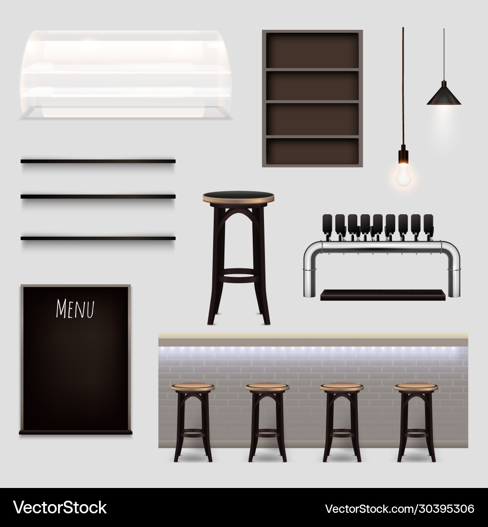 Bar interior elements realistic set Royalty Free Vector