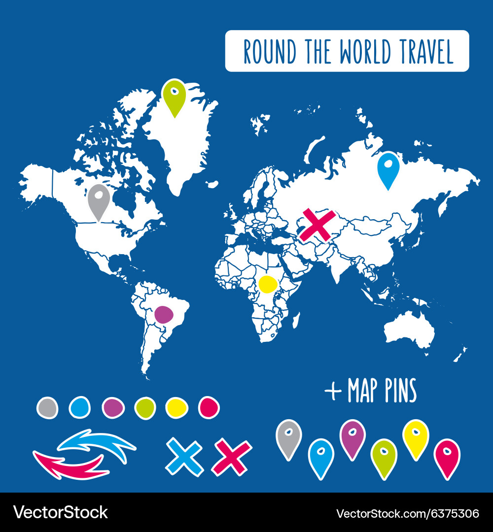 Hand drawn world map with pins and arrows Vector Image