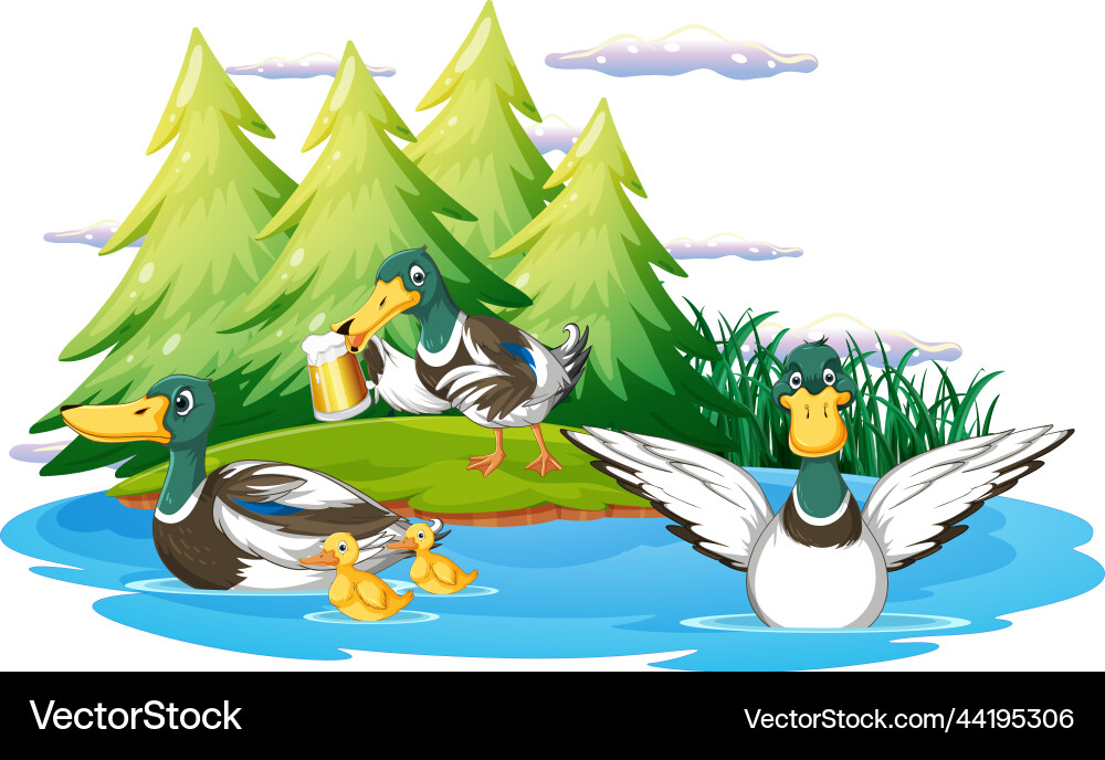 Happy duck group in nature scene Royalty Free Vector Image