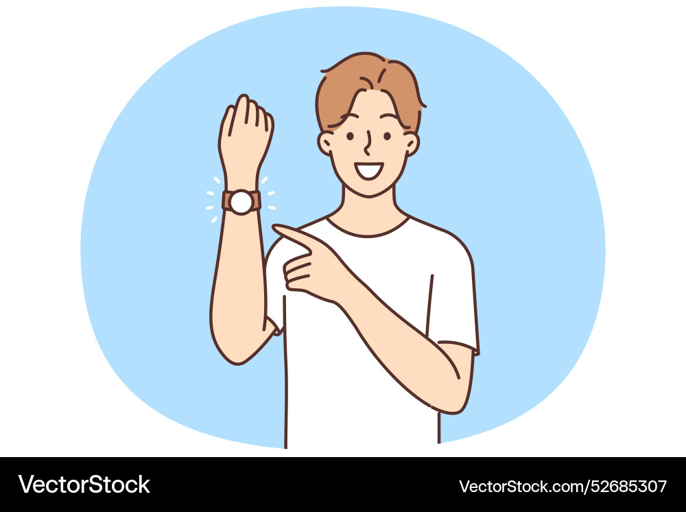Smiling man point at wristwatch Royalty Free Vector Image