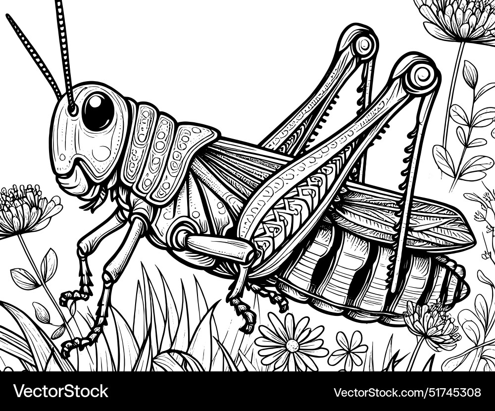 Grasshopper in field sitting on flowers children Vector Image