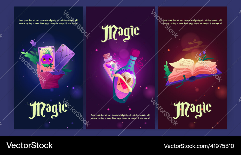 Cartoon magic posters with witch magician stuff Vector Image