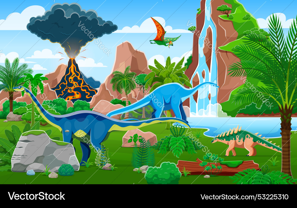 Cartoon prehistoric dinosaurs park landscape Vector Image