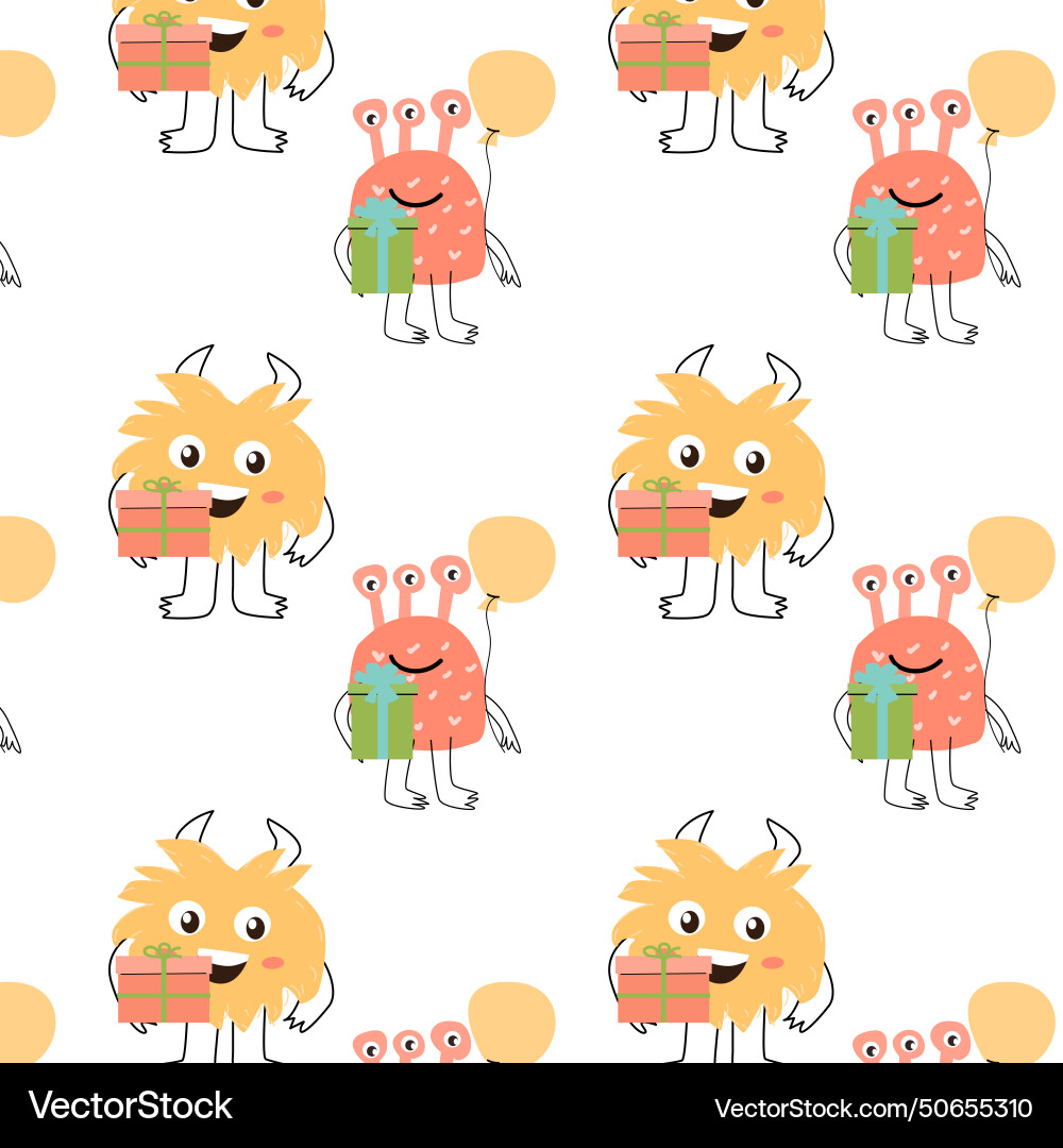 Doodle flat monsters with present - pattern Vector Image