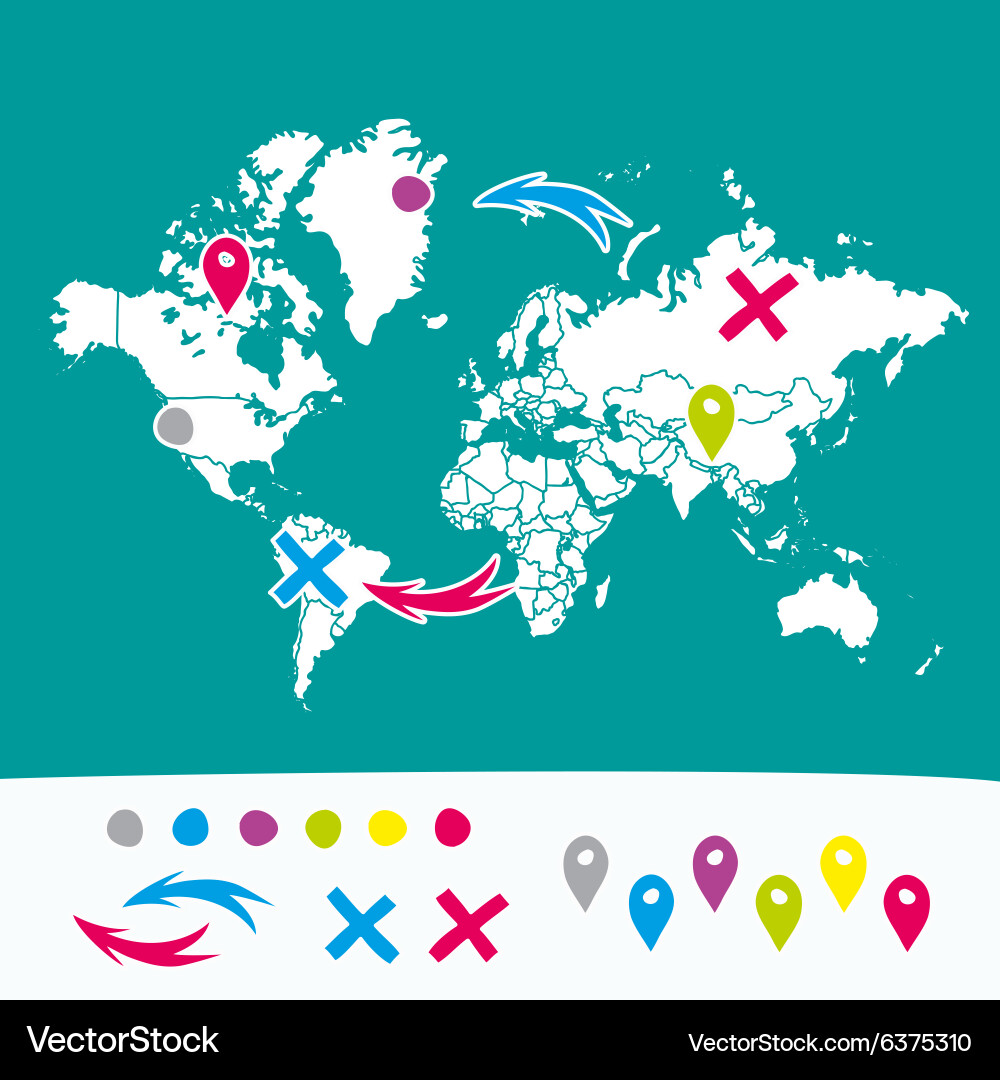 Hand drawn world map with pins and arrows Vector Image