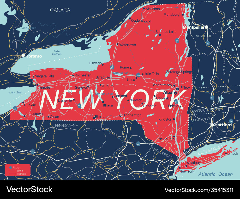 New york state detailed editable map Royalty Free Vector