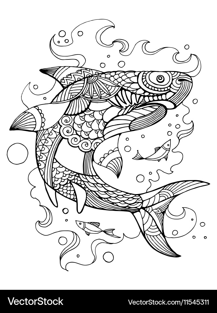 Shark Zentangle Coloring Page Royalty Free Vector Image