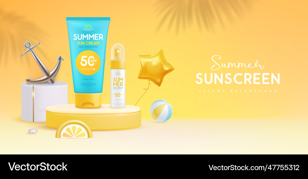 Summer background with 3d sunscreen tube Vector Image