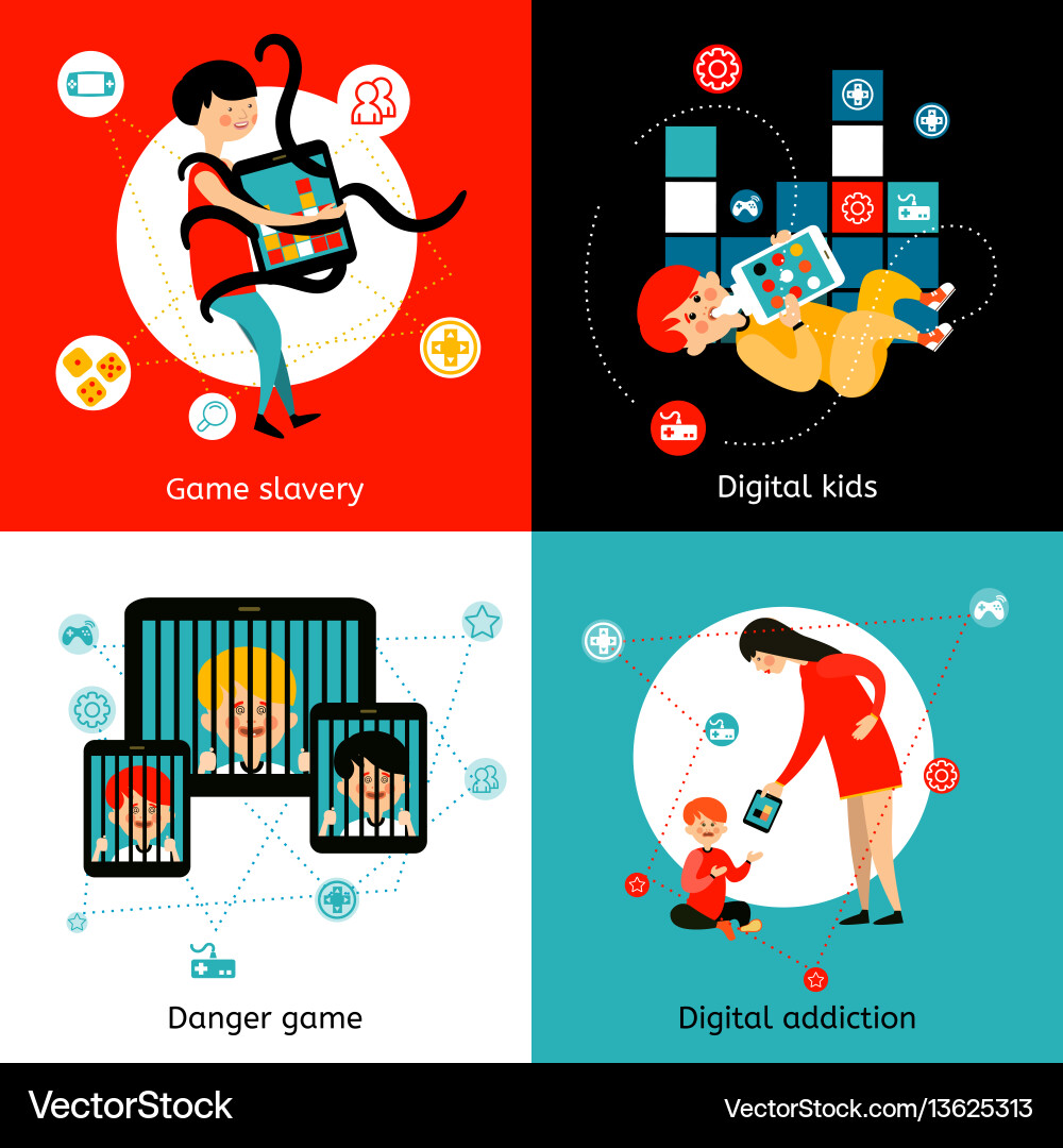 Children internet addiction 4 flat icons Vector Image