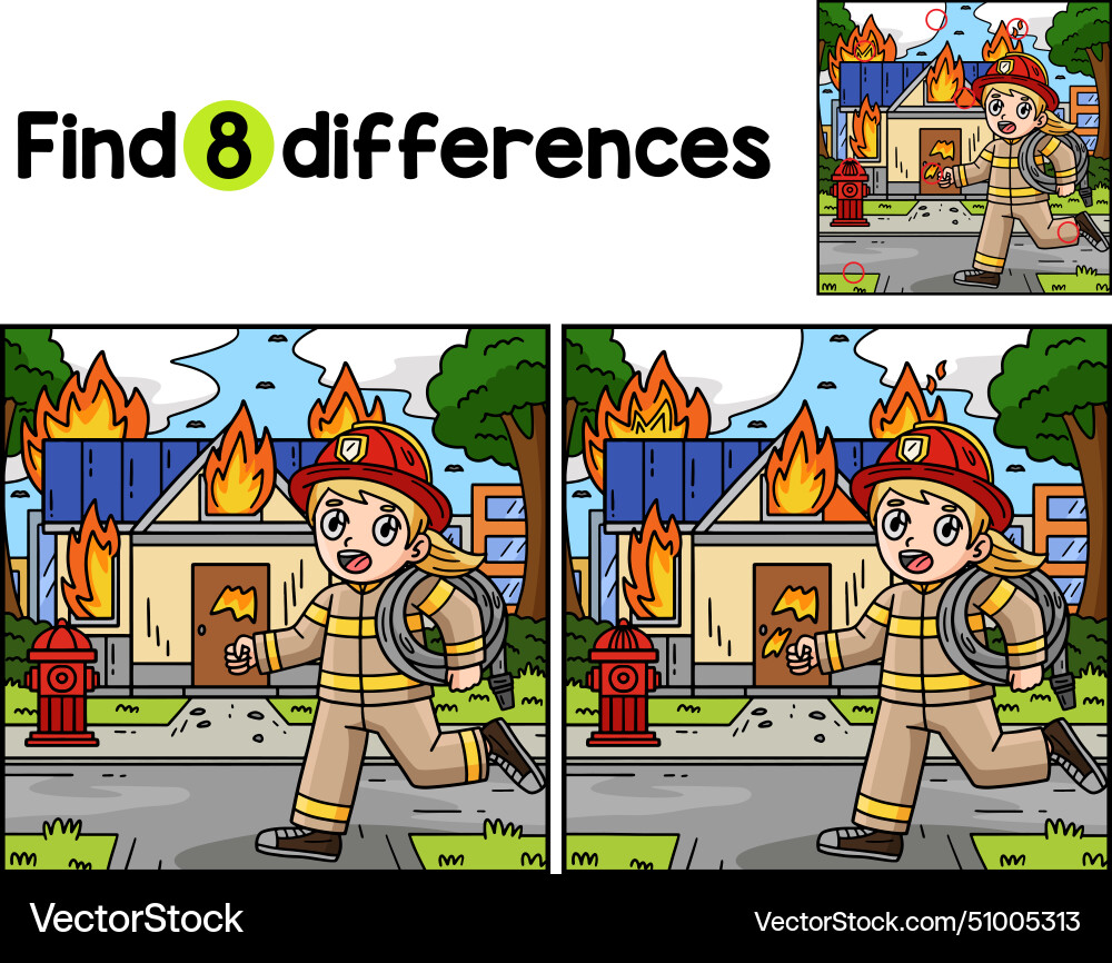 Firefighter building on fire find the differences Vector Image