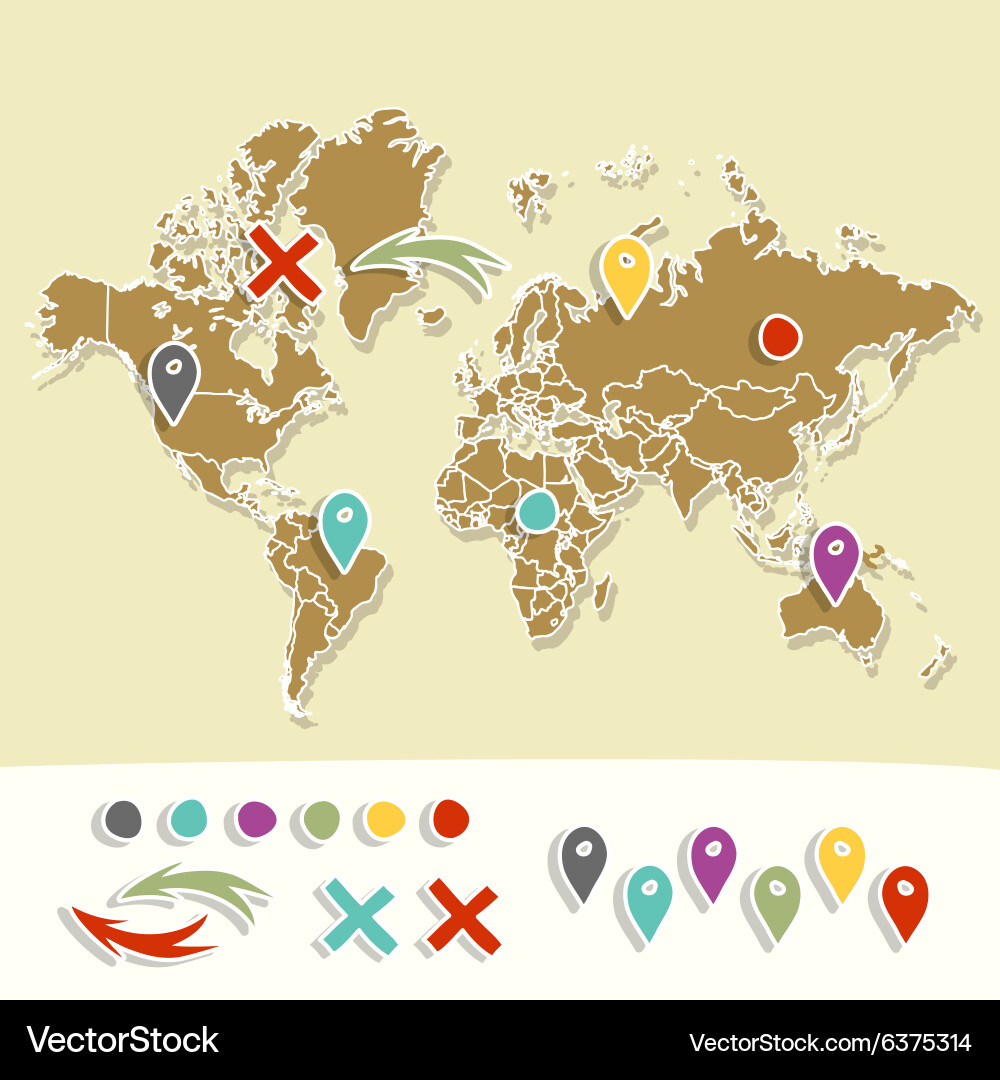 Hand drawn world map with pins and arrows Vector Image