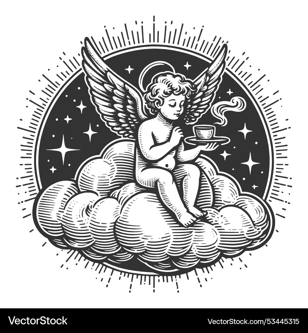 Cute cherub sitting on cloud coffee cup Royalty Free Vector