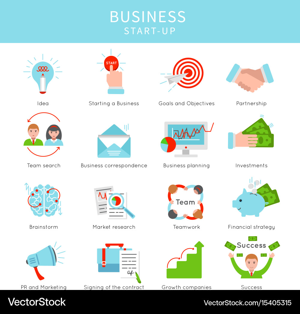 Flat business project startup elements set Vector Image