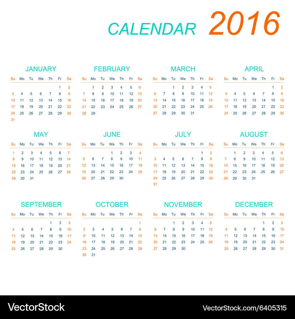 Template calendar 2016 week starts Royalty Free Vector Image