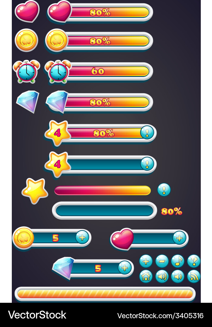 Game icons with progress bar digging as well Vector Image