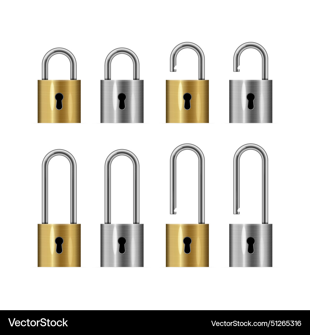 Gold and silver locked unlocked padlock Royalty Free Vector