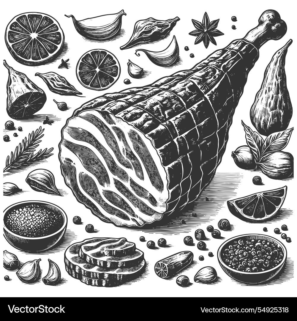 Cured ham with herbs and spices engraving Vector Image