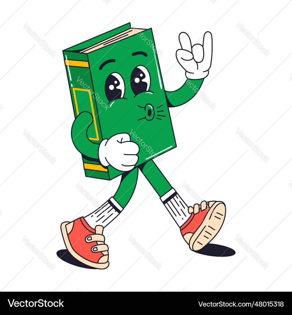 Isolated groovy character walking green book Vector Image