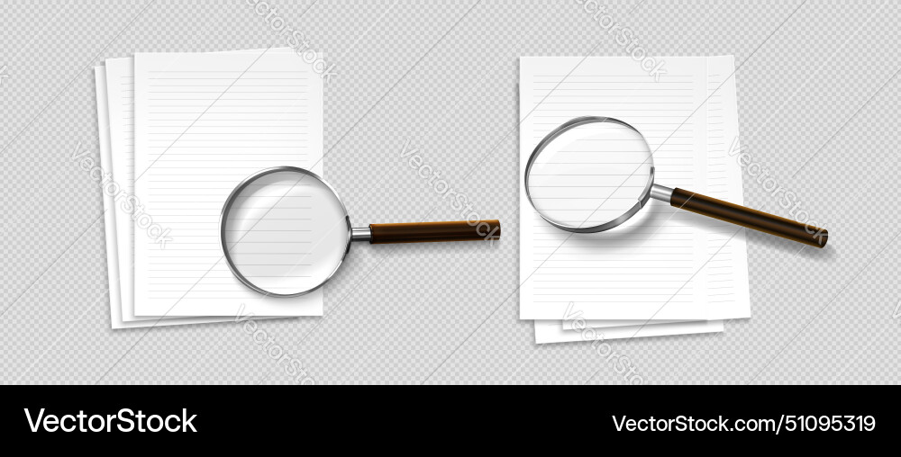 3d magnify glass search in document paper Vector Image