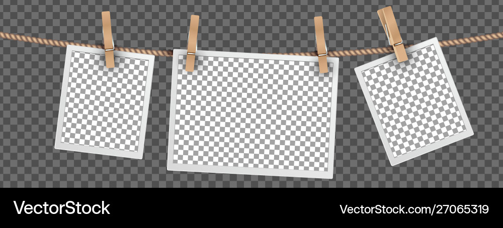 Retro photo frames hanging on rope isolated Vector Image