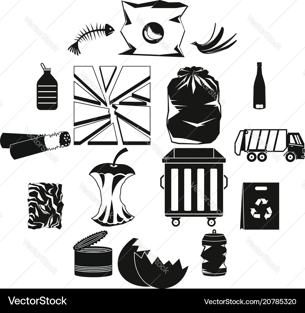Waste and garbage icons set black style Royalty Free Vector