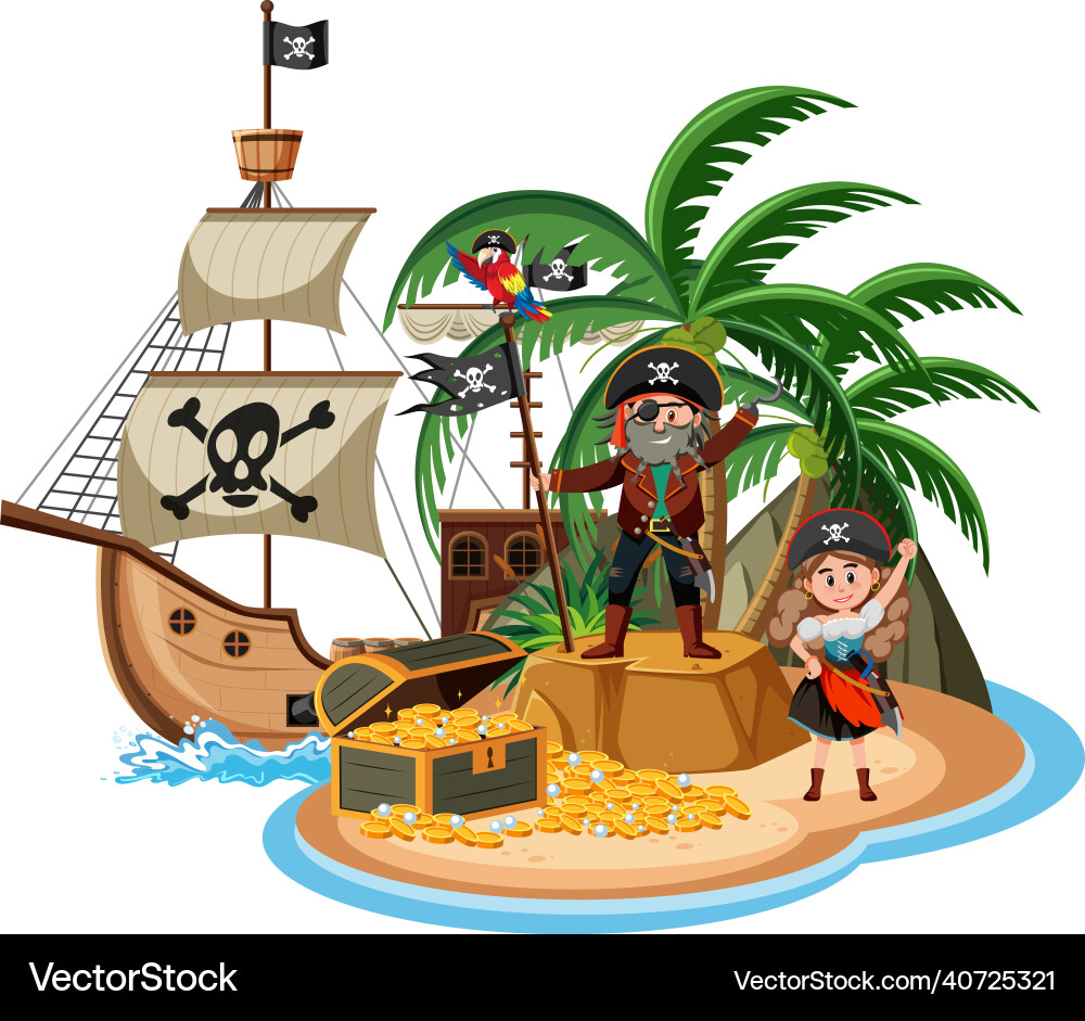 Pirate ship on island with pirates cartoon Vector Image