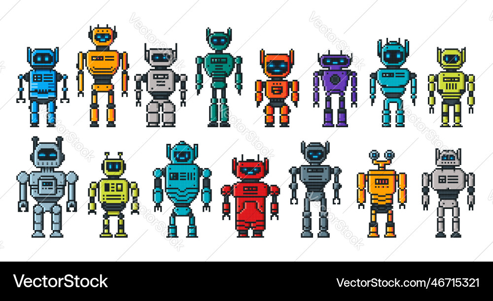 Pixel robot characters 8 bit cartoon androids Vector Image