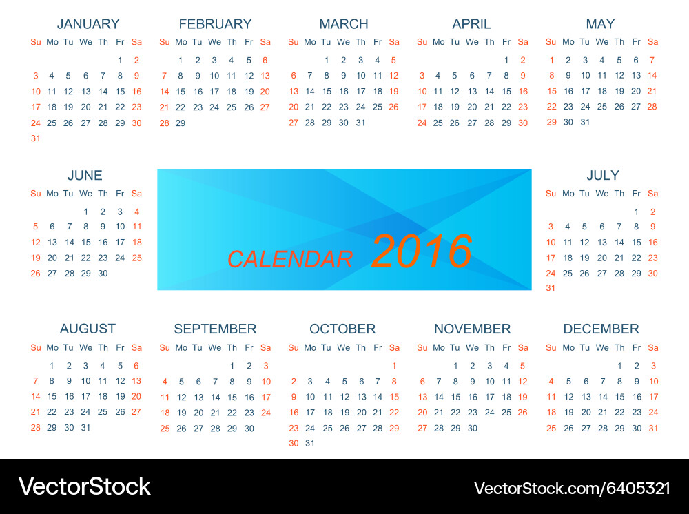 Template calendar 2016 week starts Royalty Free Vector Image