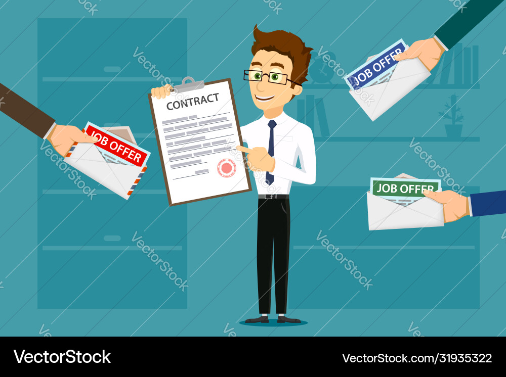 Man holds a contract envelope with job offer Vector Image