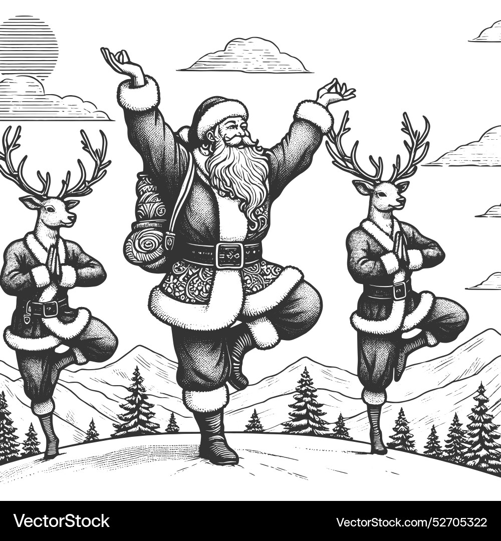 Santa claus and reindeer practicing yoga Vector Image