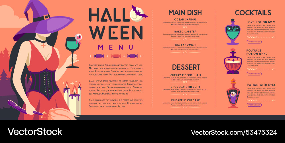 Halloween flat menu design with young witch Vector Image