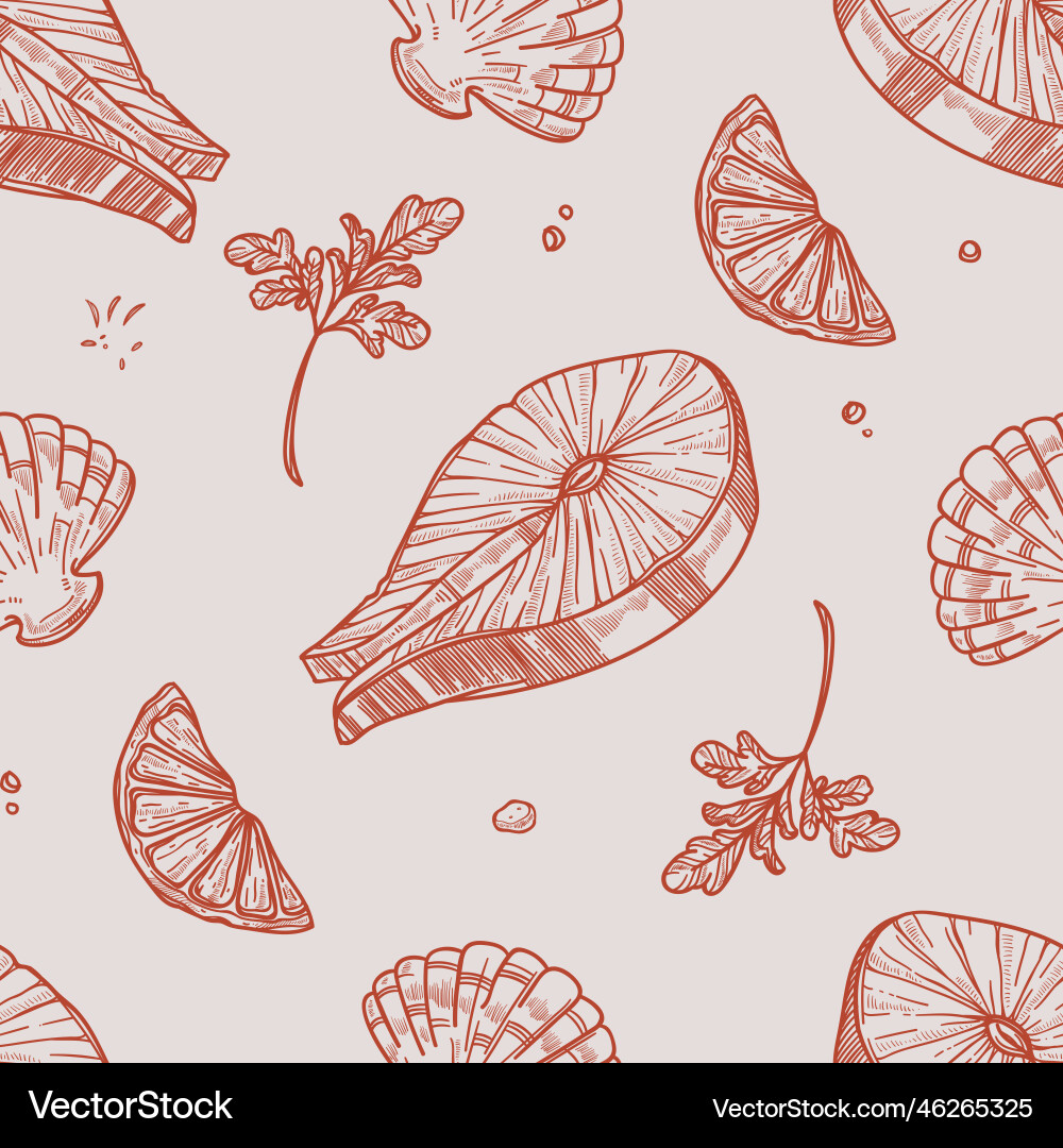 Salmon fillet and oysters seafood seamless pattern