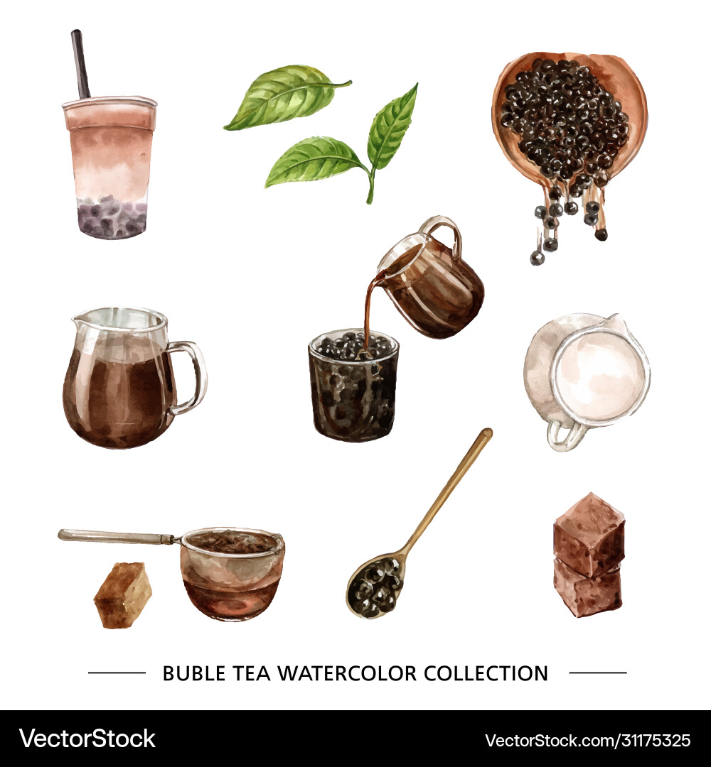 Various isolated watercolor bubble tea on white Vector Image