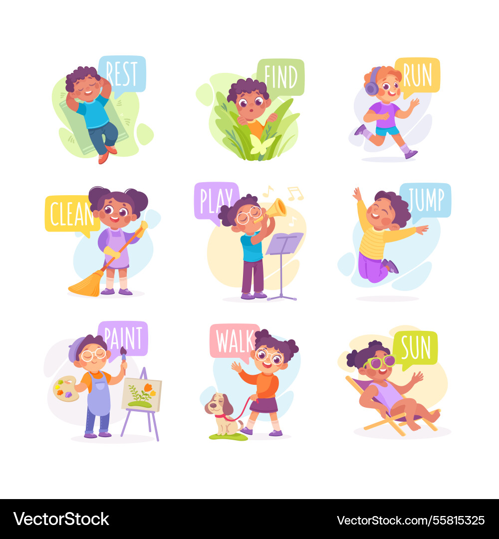 Verbs study with little kid demonstrating Vector Image