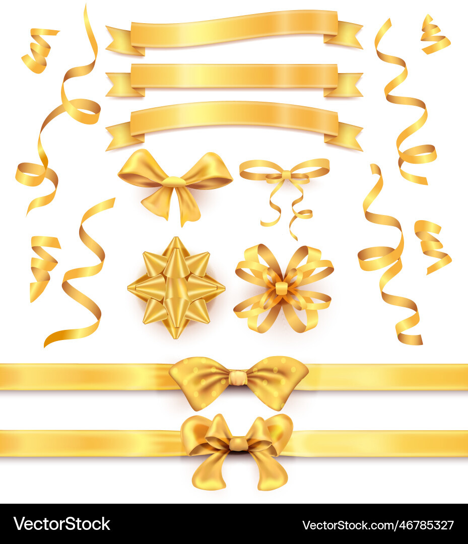 Gold ribbon and bows realistic set Royalty Free Vector Image