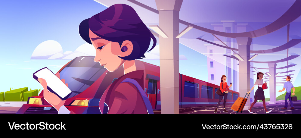 People on railway station with train passengers Vector Image