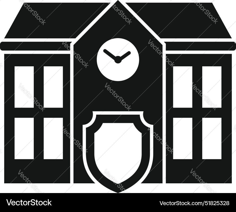 Police station building with clock and shield logo