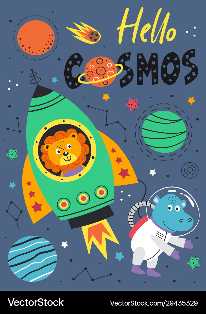 Poster with space lion and hippo in rocket Vector Image