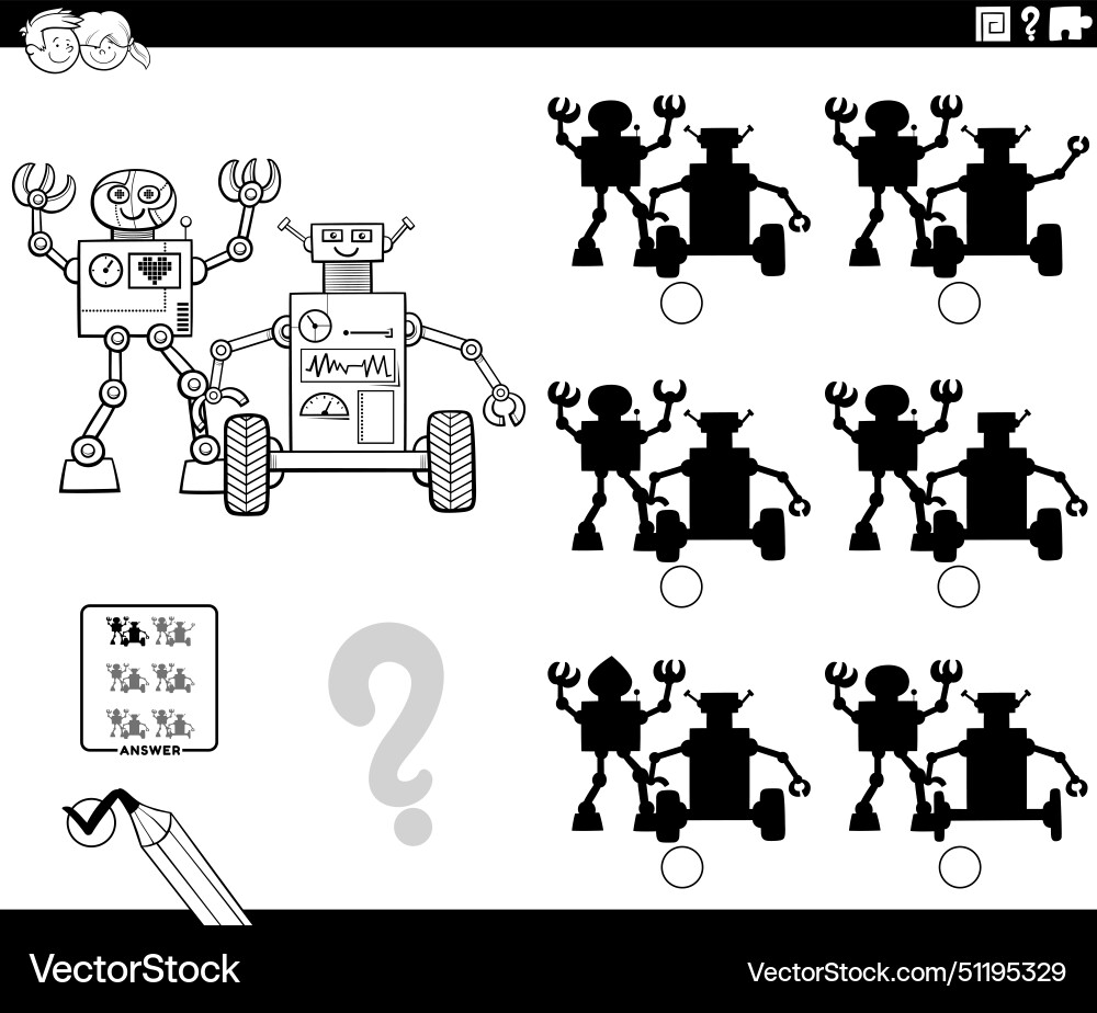 Shadow activity with cartoon robots coloring page Vector Image