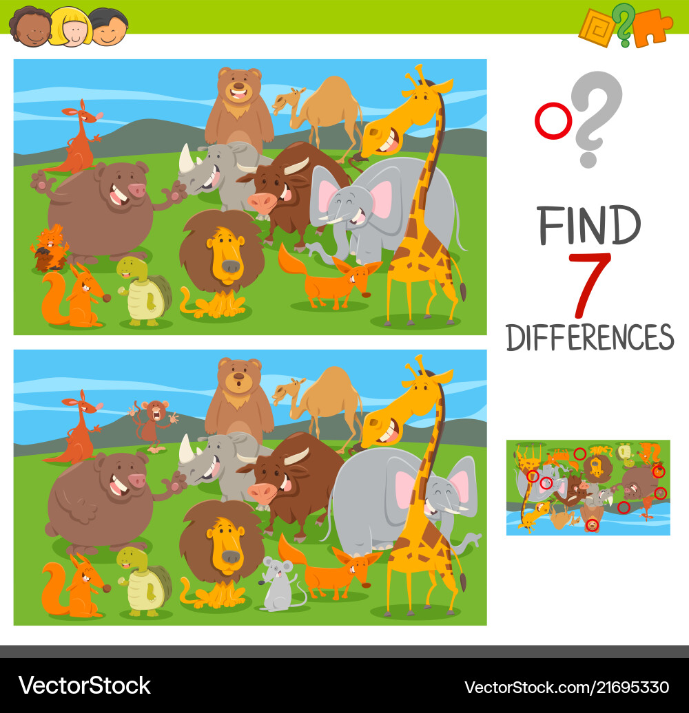 Differences puzzle game with animal characters Vector Image
