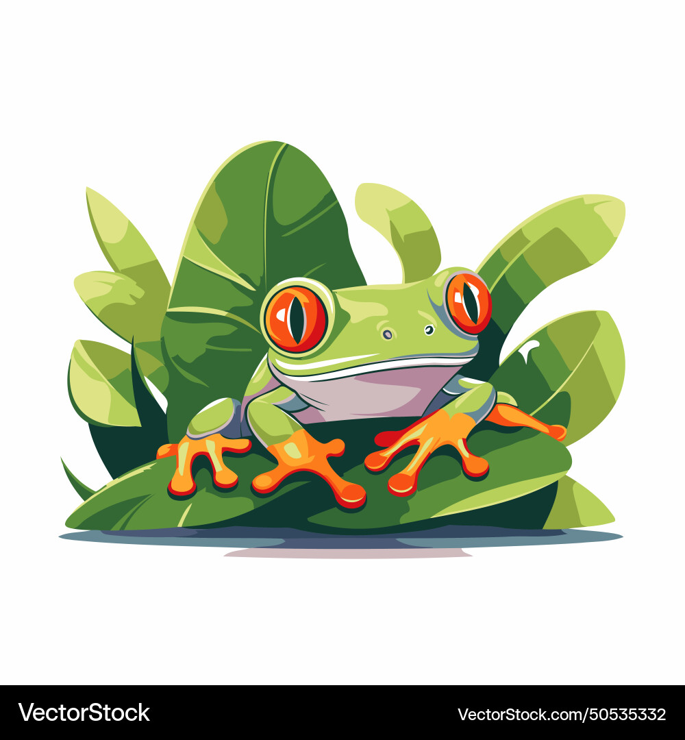 Cartoon green tree frog sitting on leaves Vector Image